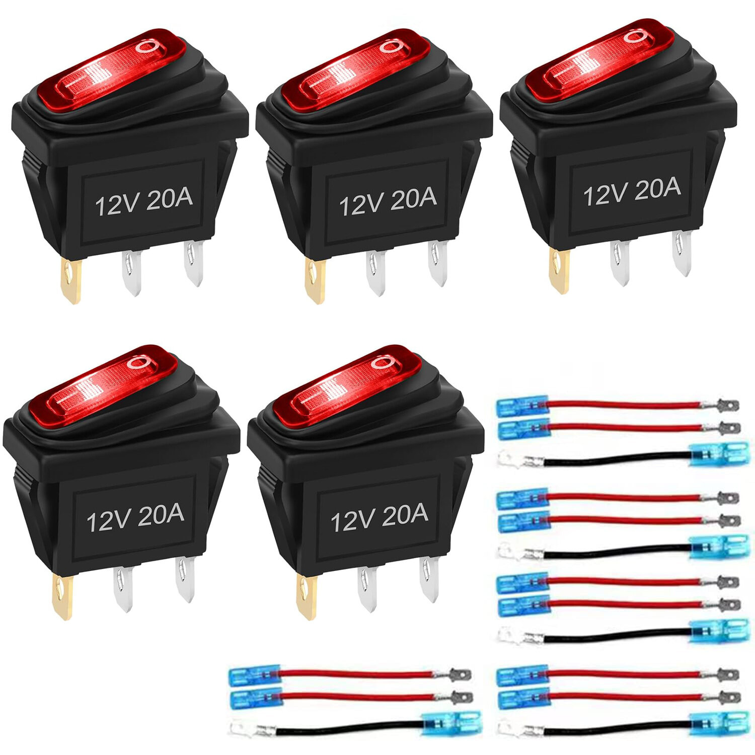 Тумблер качающийся DC 12V 20А 3 контакта со светодиодной подсветкой, красный, комплект 5 шт, для автомобилей, внедорожников, автодомов, яхт и грузовиков