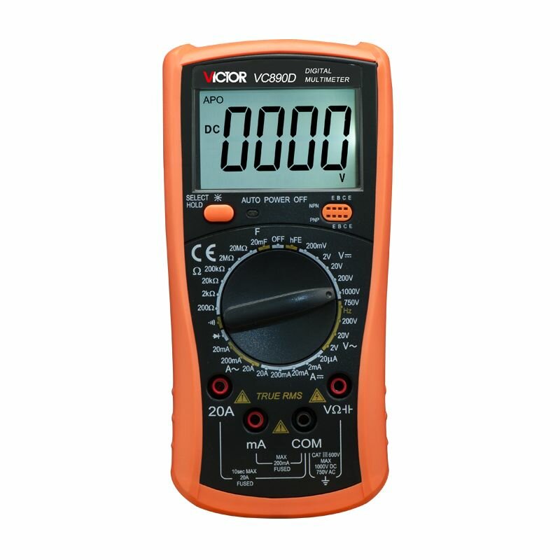 Профессиональный цифровой мультиметр VICTOR VC890D (True RMS, измерение емкости, прозвонка, подсветка, щупы в комплекте)