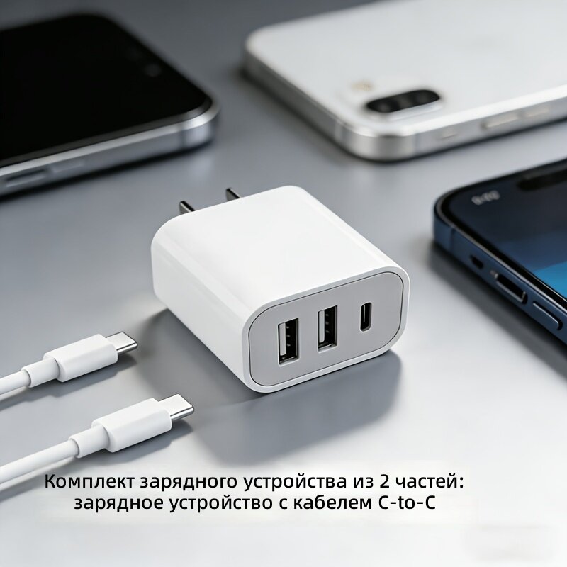 Зарядное устройство 3-в-1 с 3 портами (2 USB-A + 1 USB-C), с кабелем USB-C 1 м, с американской вилкой, универсальное дорожное зарядное для iPhone, Galaxy, LG и других устройств