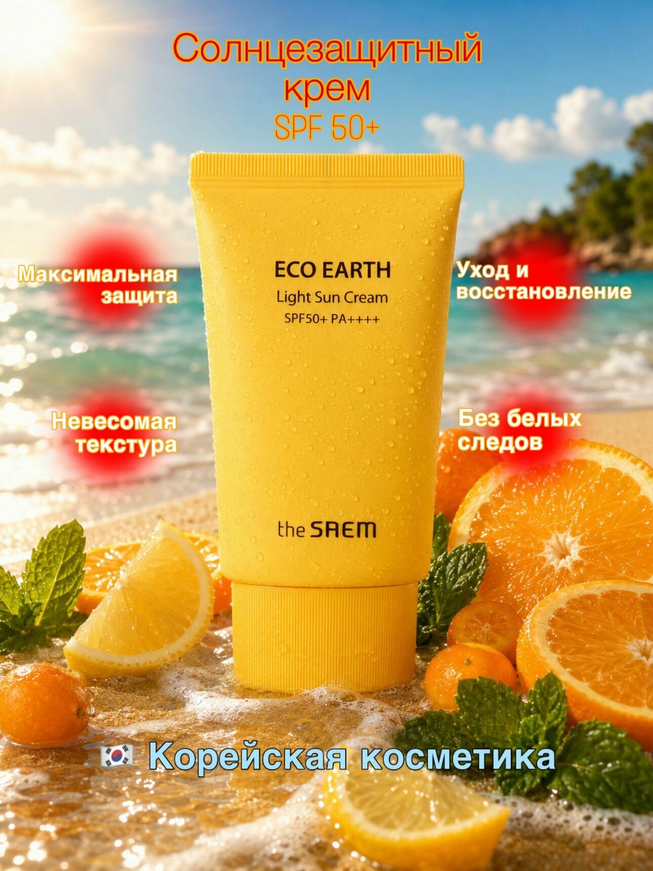 Лёгкий солнцезащитный крем для лица The Saem Eco Earth Power Light Sun Cream SPF50+ PA++++, 50 гр