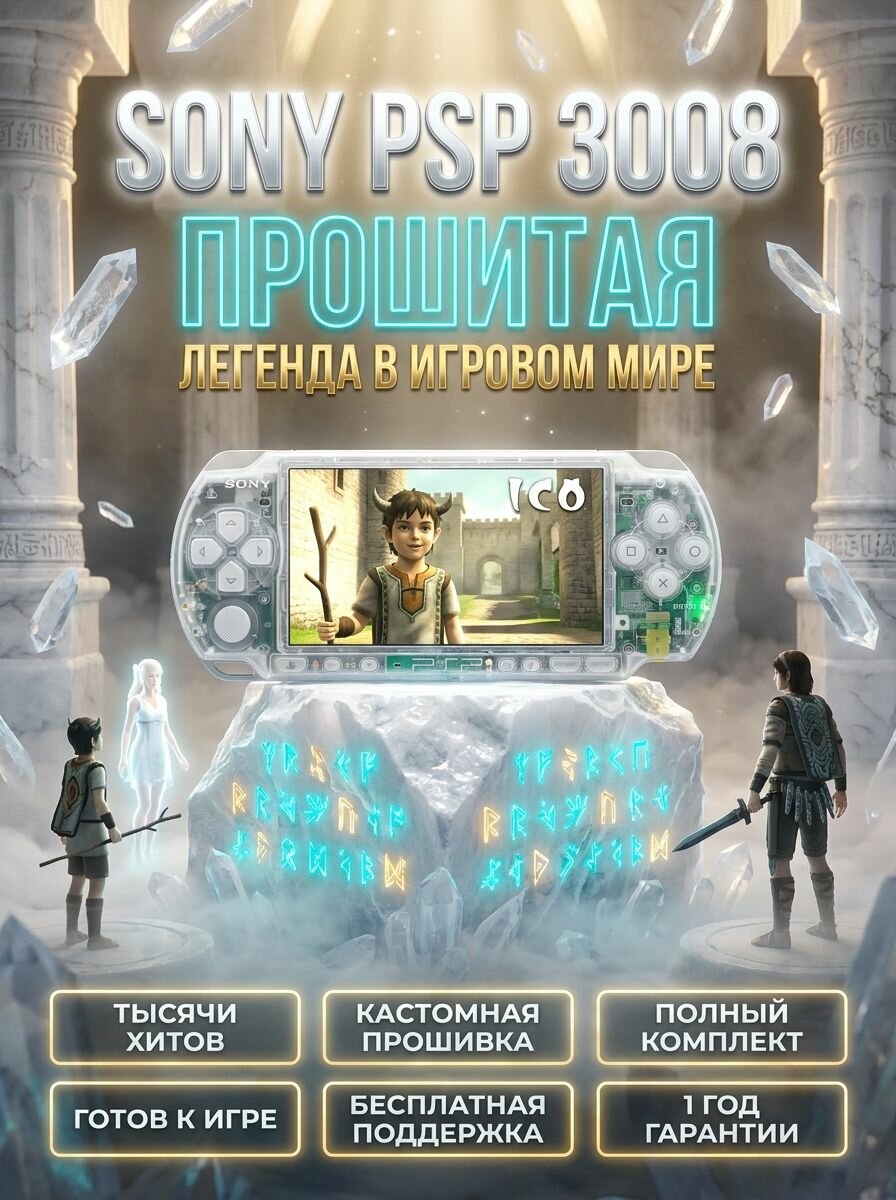 Новая игровая консоль Sony PSP 3008 Slim Прозрачно-белый 64Gb 3020 ИГР