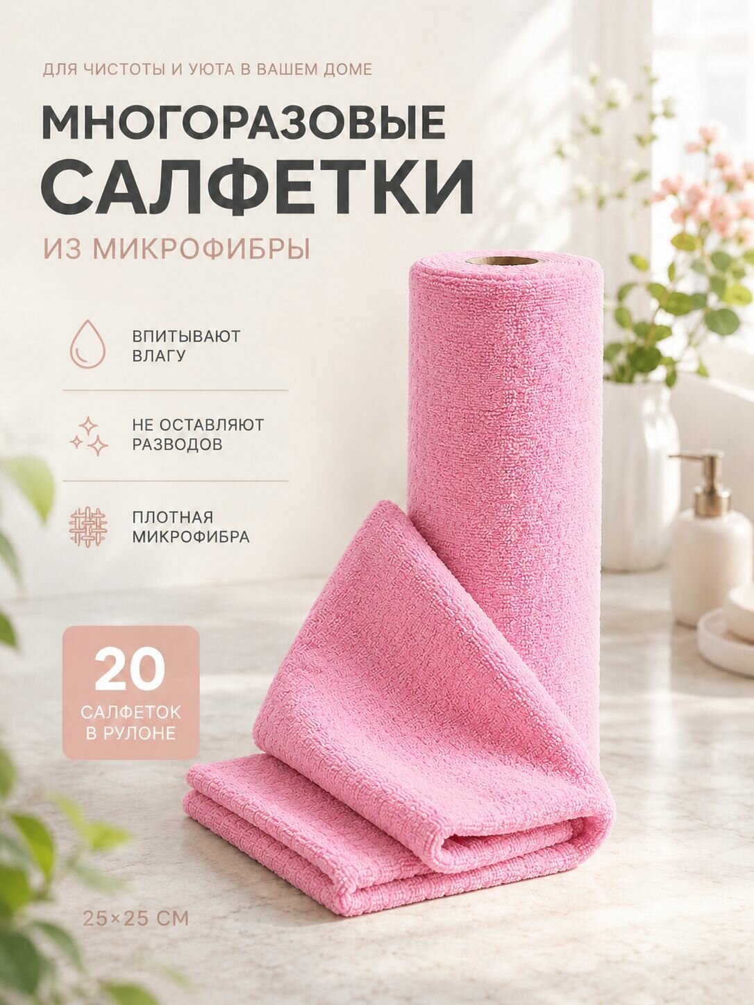 Салфетки протирочные в рулоне 25 25 см, Т20 шт отрывные, антибактериальные, тряпки для кухни, микрофибра, без ворса, многоразовые, для дома, кухни и автомобиля