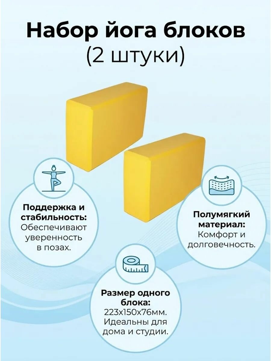 Набор йога блоков полумягких 2 штуки (желтый) 223х150х76мм