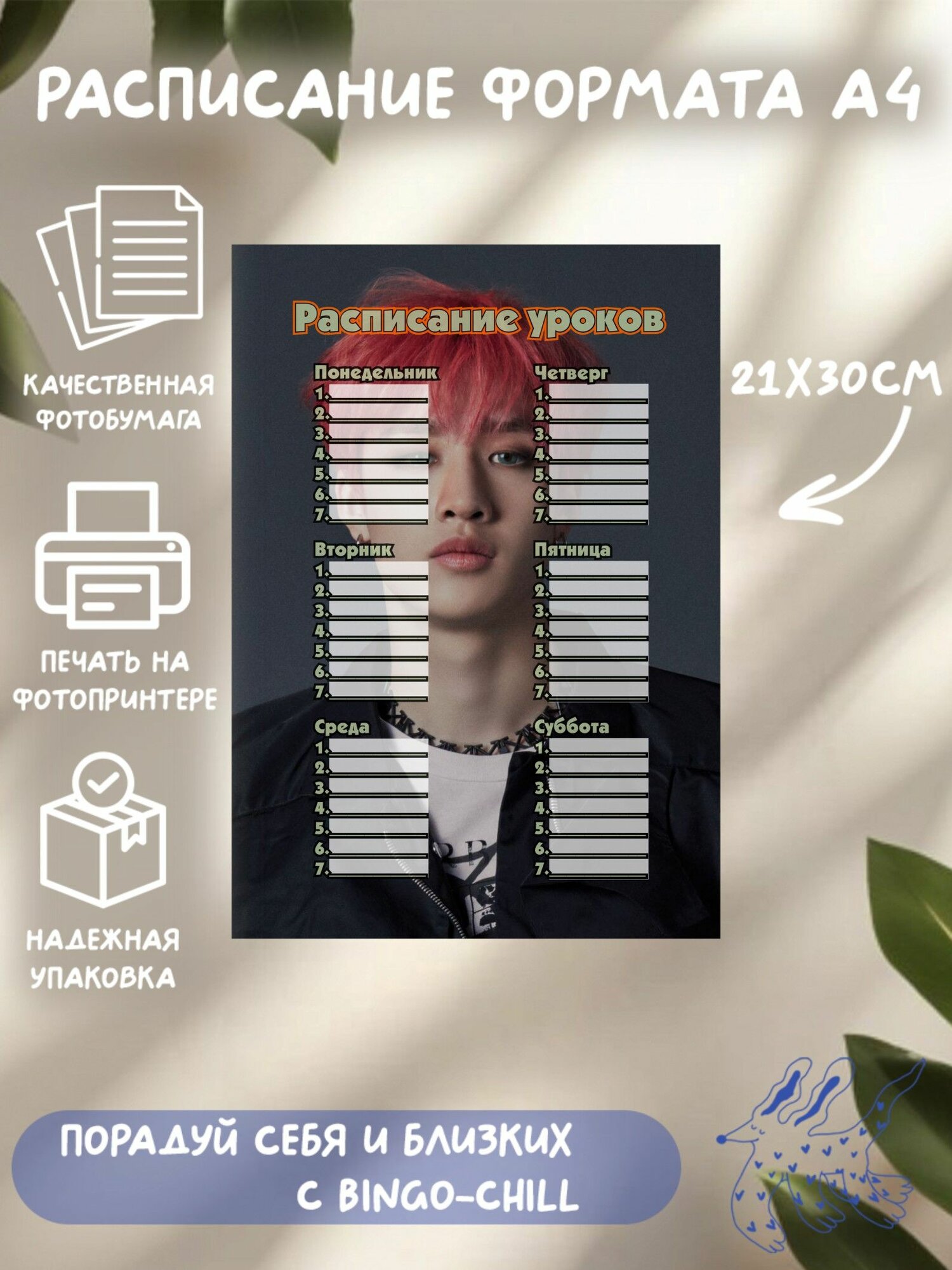 Расписание уроков формата А4, с принтом "Stray Kids"