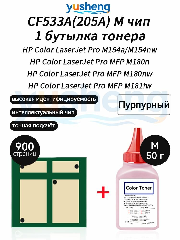 Тонер CF533A ( HP205A ) тонер 50г 1шт + чип 1шт для картриджей , HP Color LaserJet Pro M154a M154nw MFP M180n M180nw M181fw принтеров, совместимый, Пурпурный (magenta), 1 шт с чипом 50 грамм