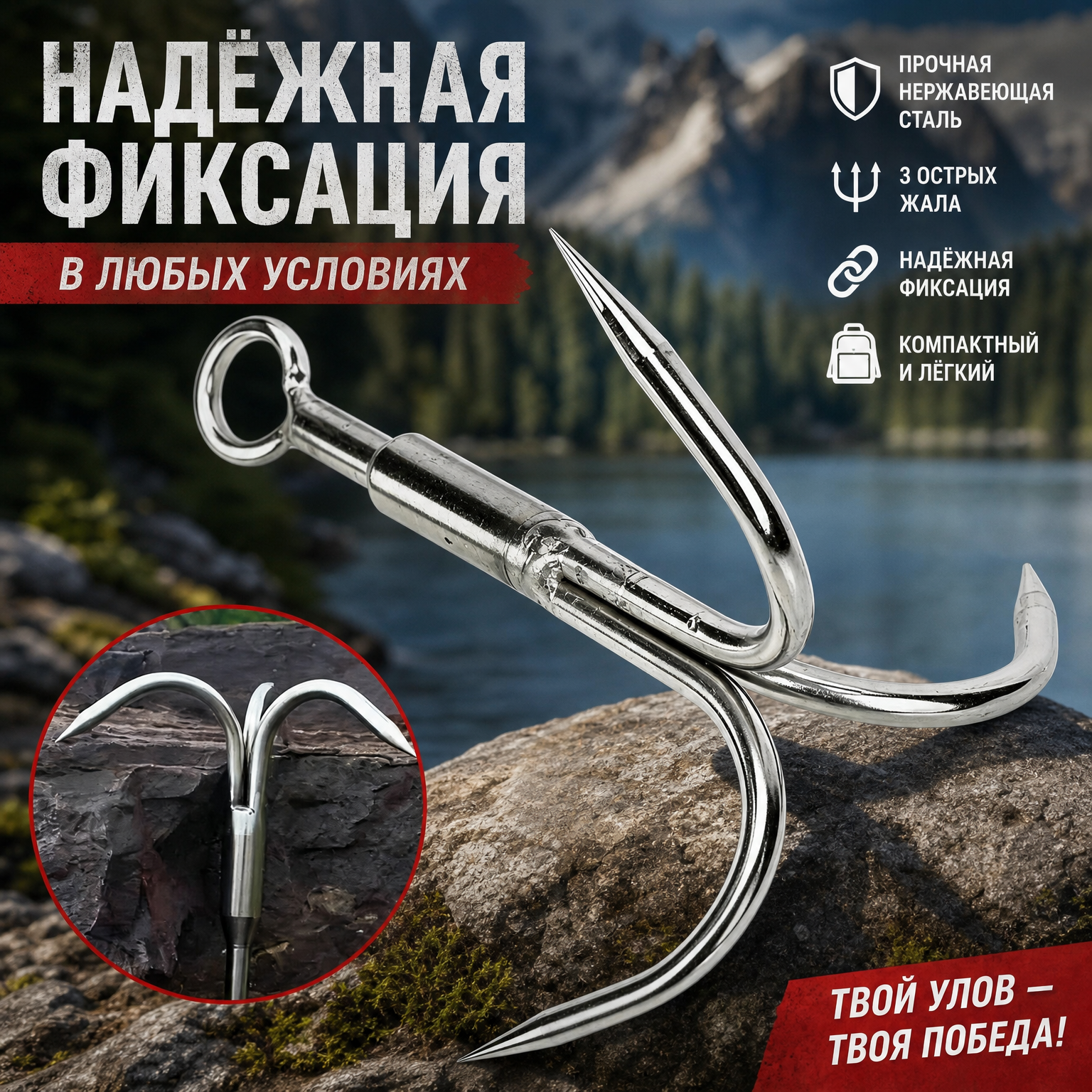 Якорь-кошка трёхлапый из нержавеющей стали с надёжной фиксацией, для очистки дна от травы и поиска снастей, прочный крюк для рыбалки и подводной охоты (Длина: 120 мм)