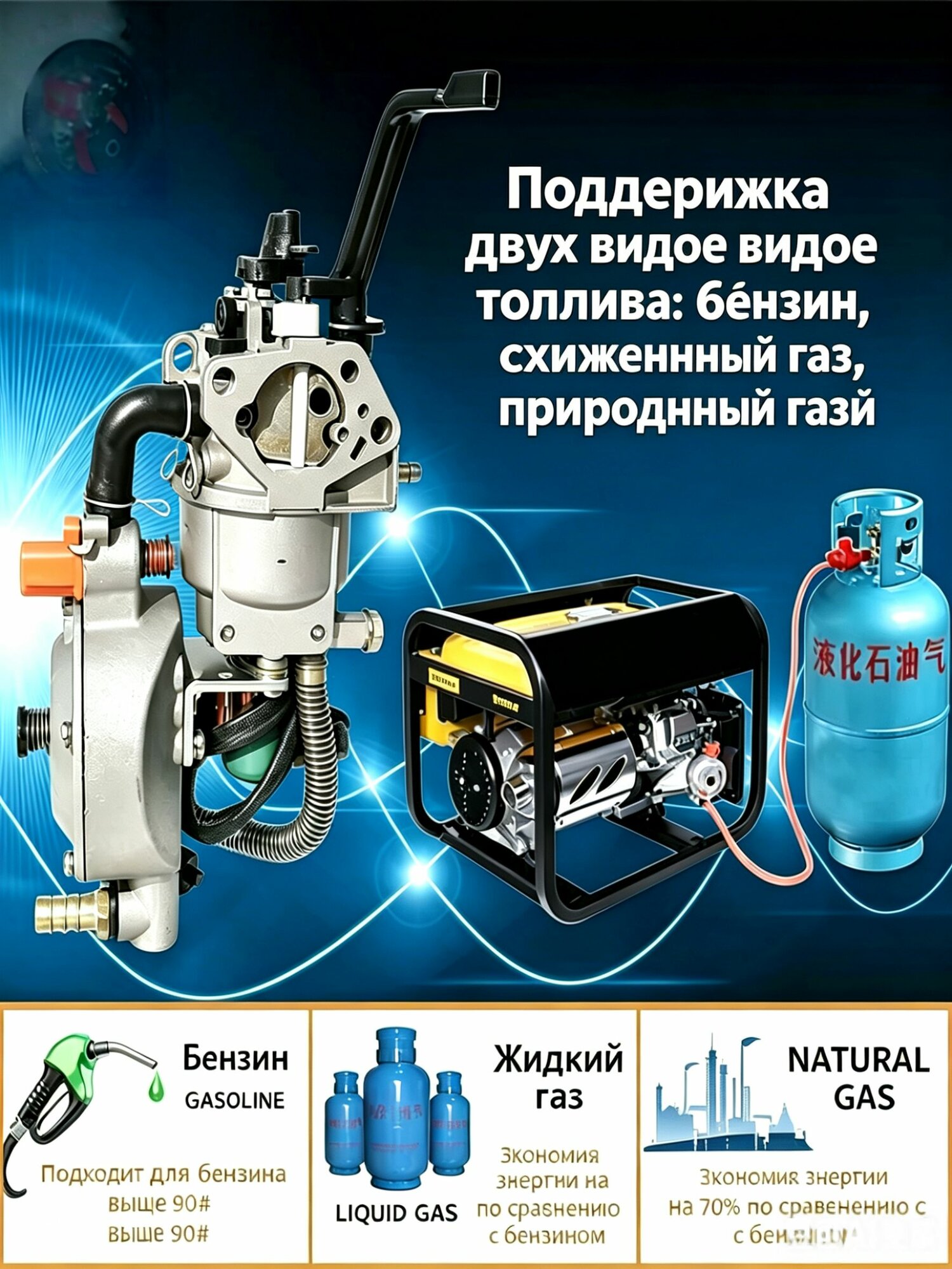 Работает на бензине, сжиженном и природном газе, подходит для бензиновых генераторов 5-8 кВт. двухтопливный карбюратор под природный газ для бензогенераторов gx390, 177f, 188f,190f192f