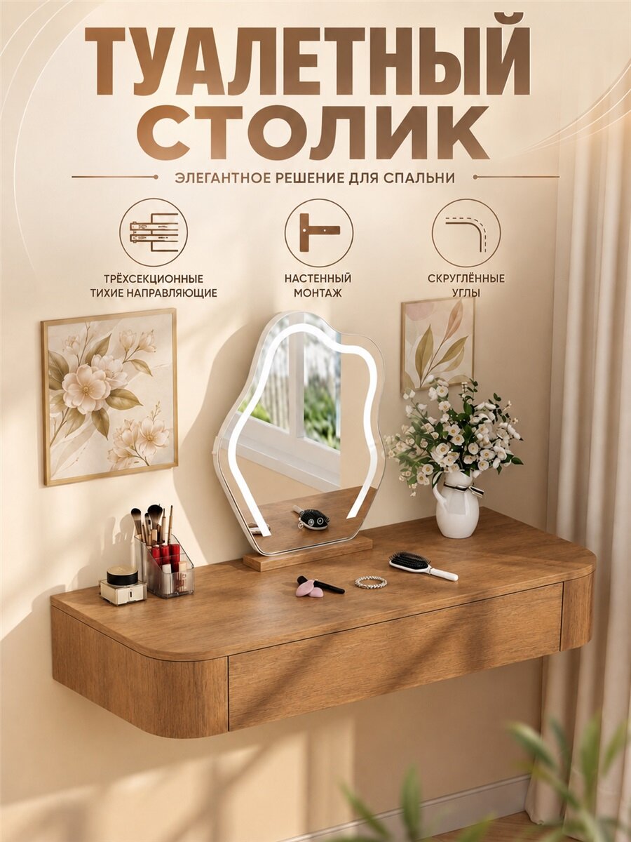 Туалетный столик настенной подвесной конструкции с плавными скруглёнными краями и тихими ящиками, компактное решение для небольшой спальни квартиры