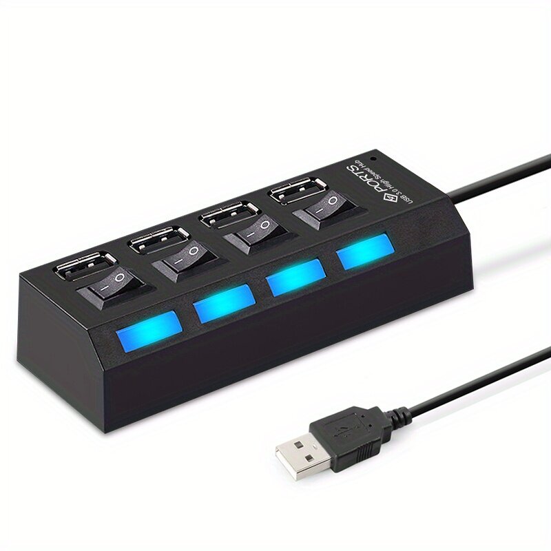 USB-хаб 2.0 на 4 порта, 480 Мбит/с, с индивидуальными выключателями, черный