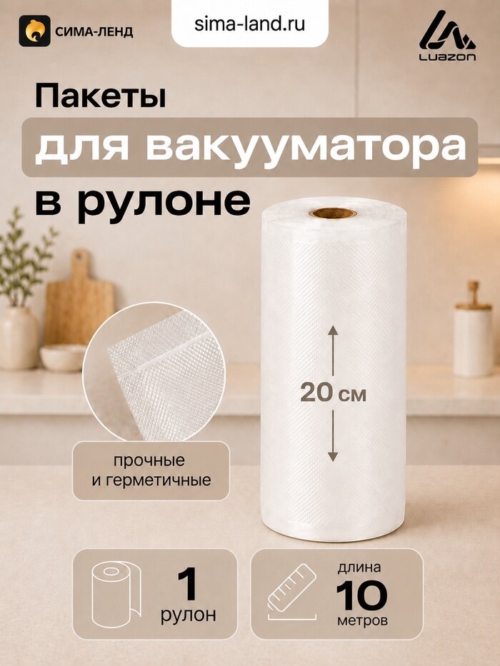 Пакеты для вакууматора в рулоне Luazon, рифлёные, 20×1000 см, 190 мкм