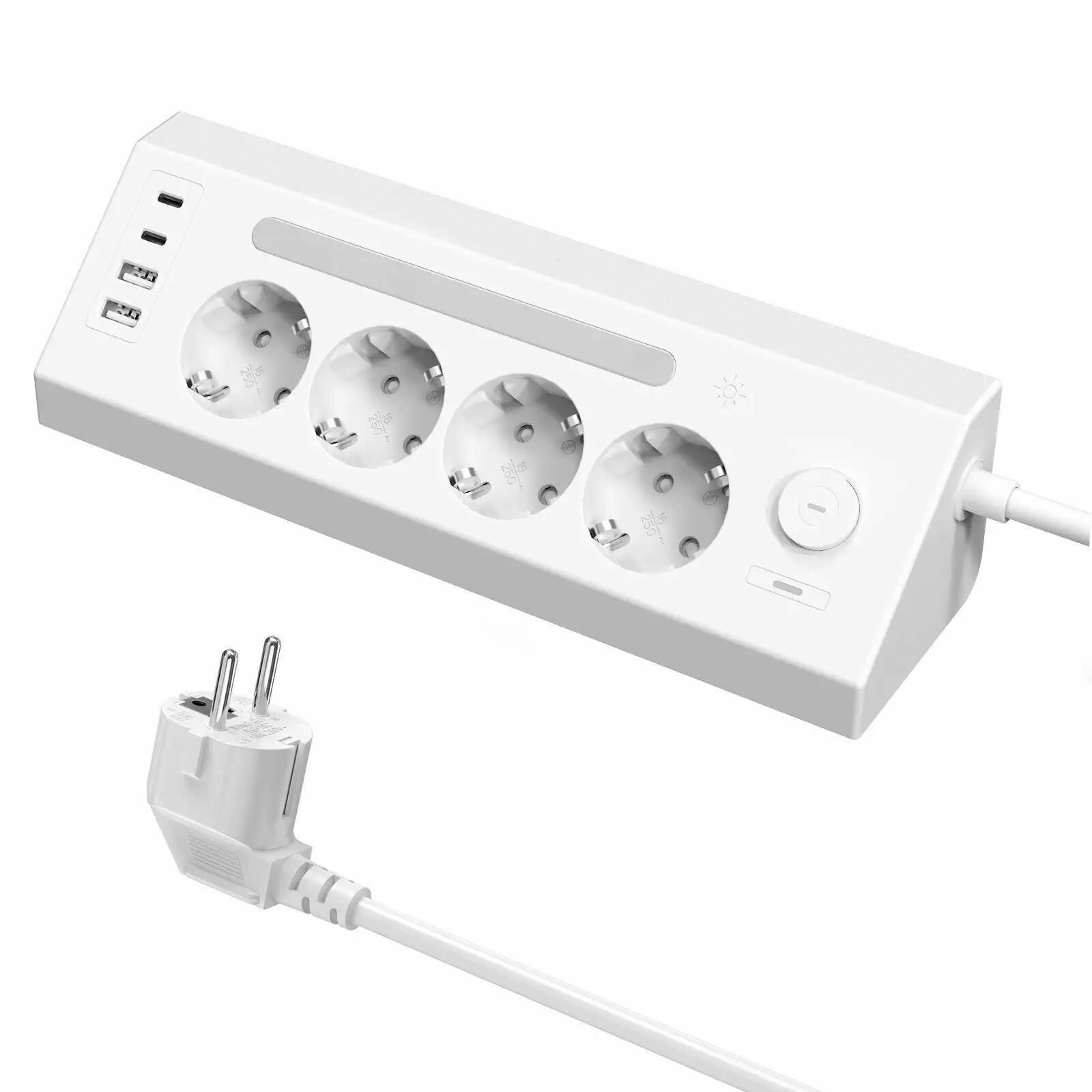 HITRENDS Удлинитель с 4 розетками и 2 USB + 2 Type-C, выключатели с подсветкой, защита от перегрузки, 3680W 16A 230V, огнестойкий, кабель 1.8 м