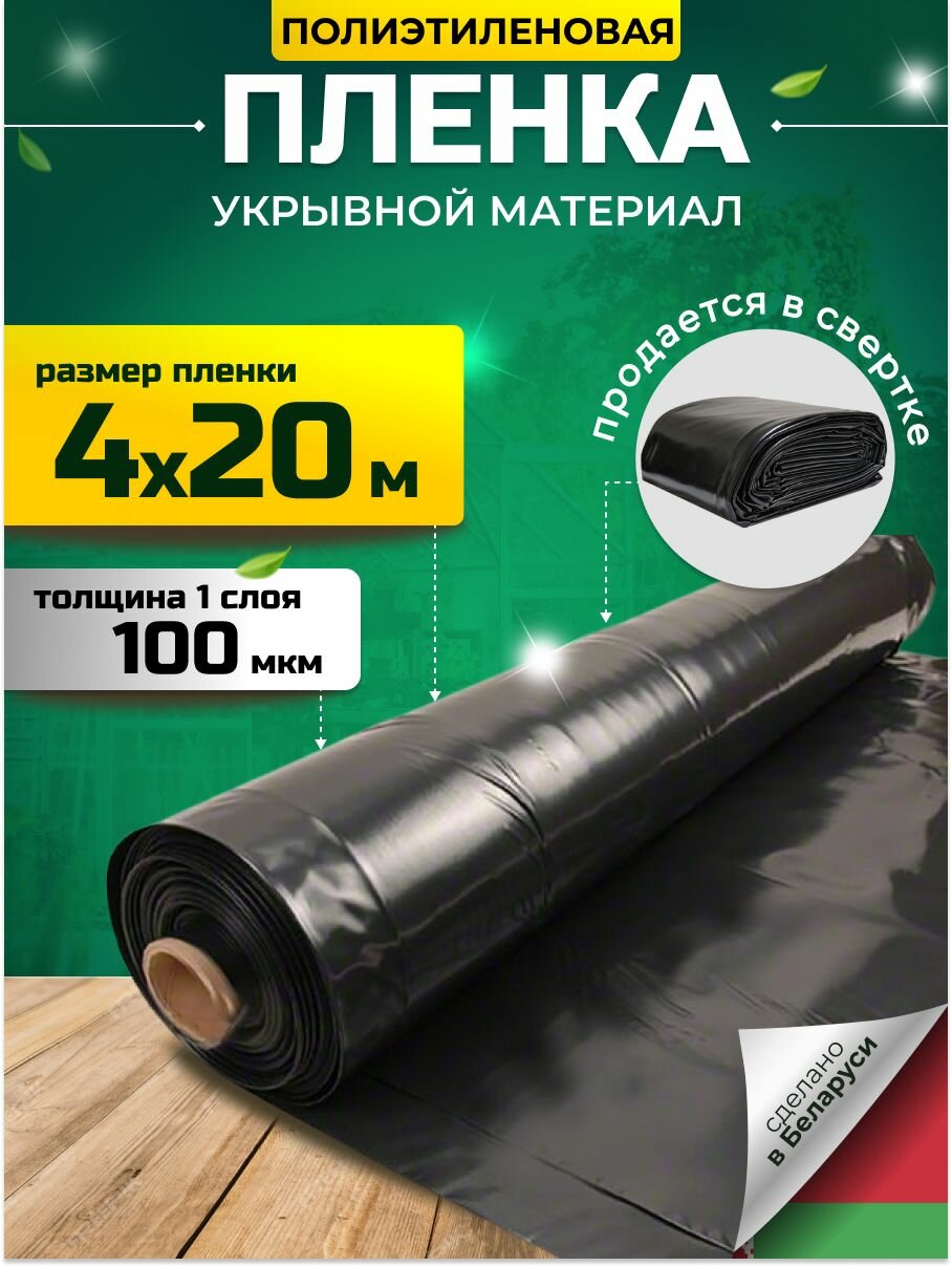 Пленка укрывная для ремонта, полиэтиленовая 100 мкм, 4х20 м, черная, плотная, для укрытия больших площадей