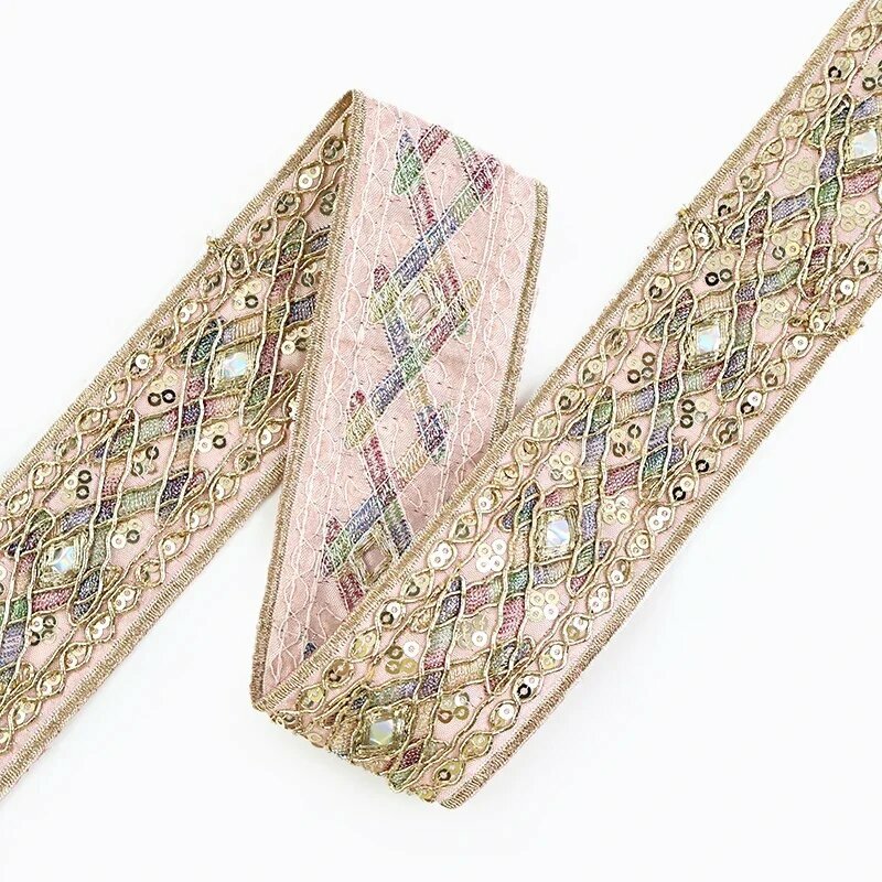 Кружевная тесьма Meetee 43 мм с вышивкой и пайетками Розовый, Pink, 43mm-5Yards