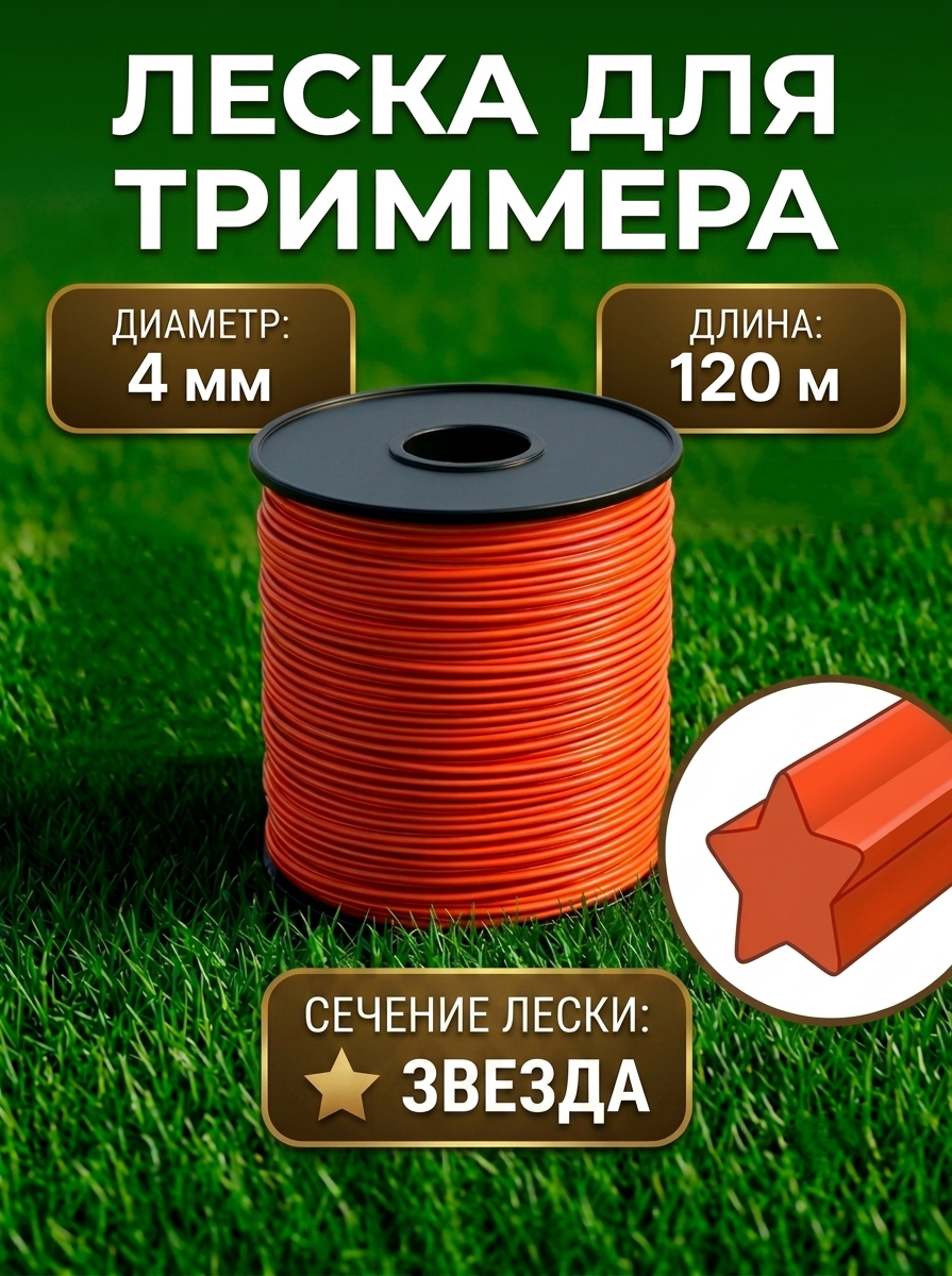 Леска для триммера 4 мм (120 метров) звезда