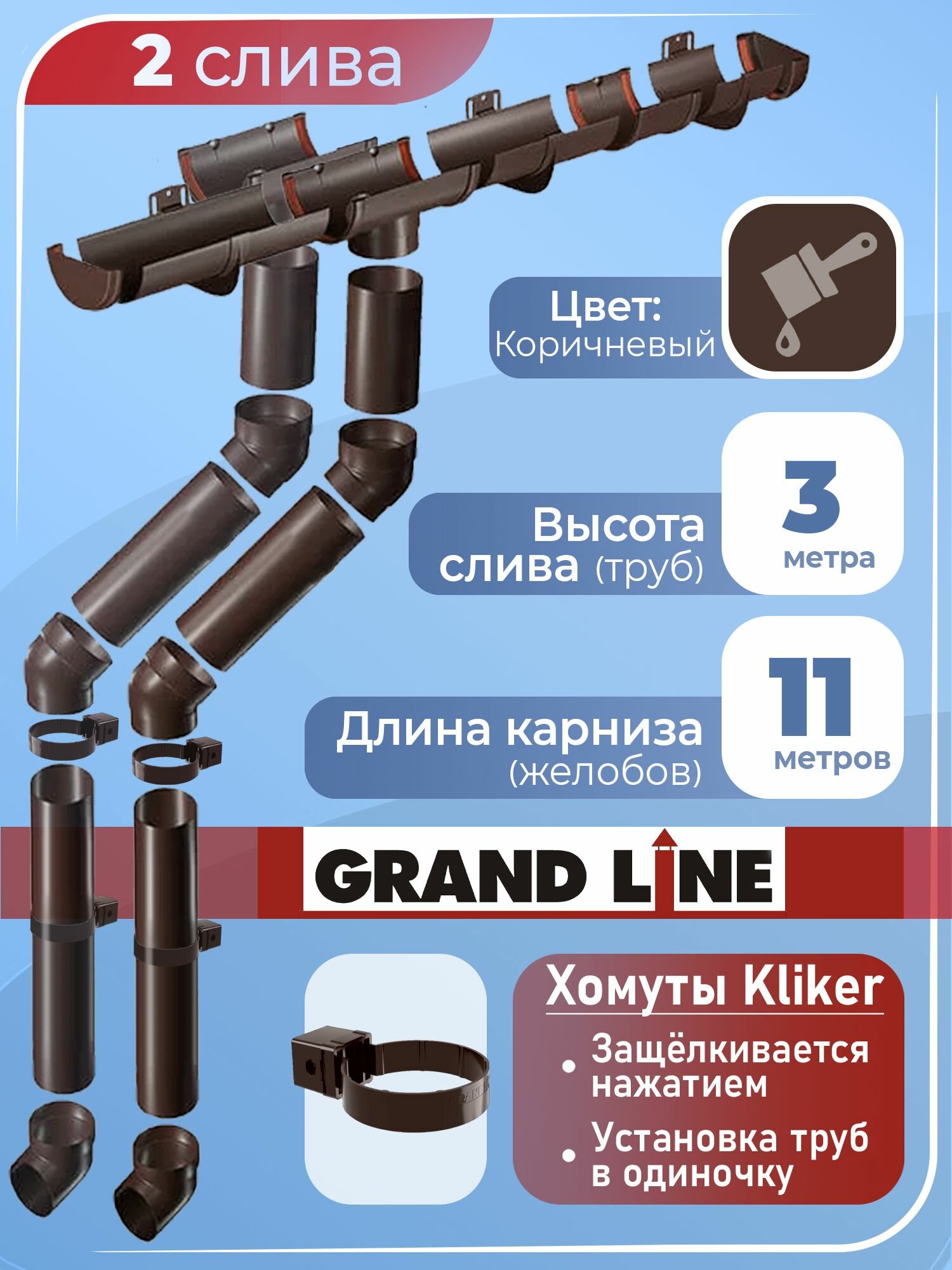 Водосточная система Grand Line 11 м ( 1,5 м+1 м ) хомут кликер коричневый 2 слива , водосток для крыши пластиковый Гранд Лайн ( 120 мм / 90 мм ) комплект элементов ПВХ