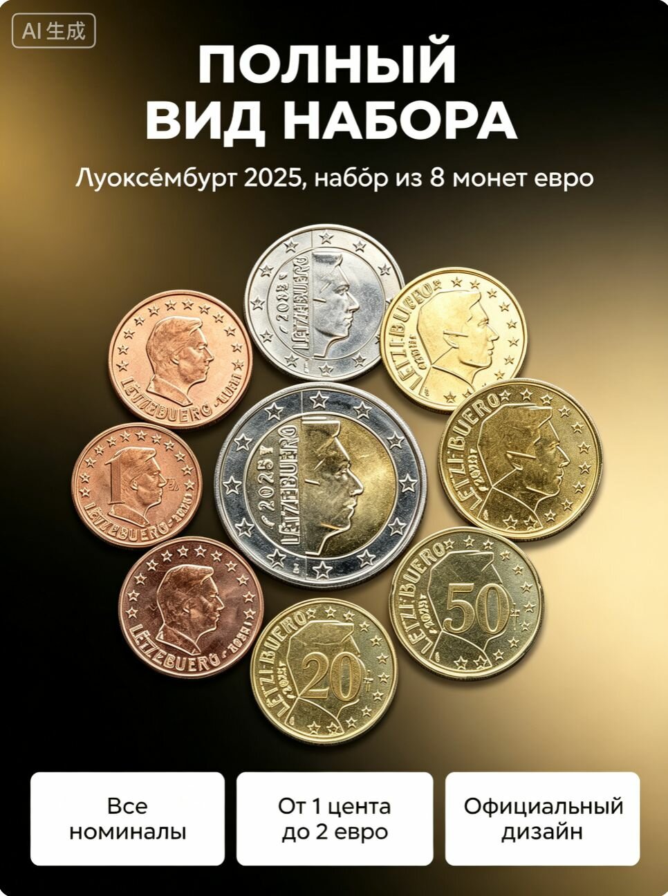 Набор 8 евро монет Люксембурга 2025 г UNC