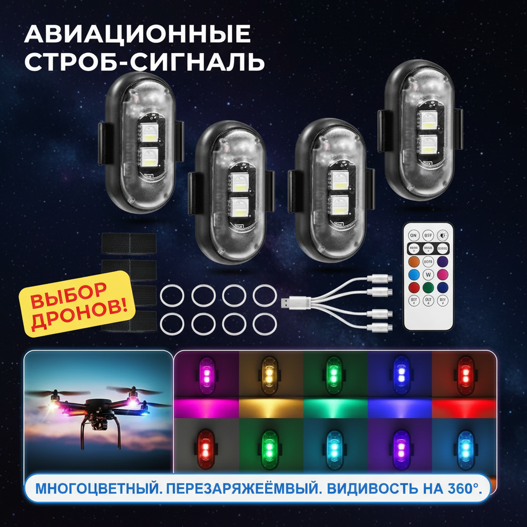 Стробоскопы 4 шт с пультом управления 8 цветов беспроводные для авто водонепроницаемые USB питание