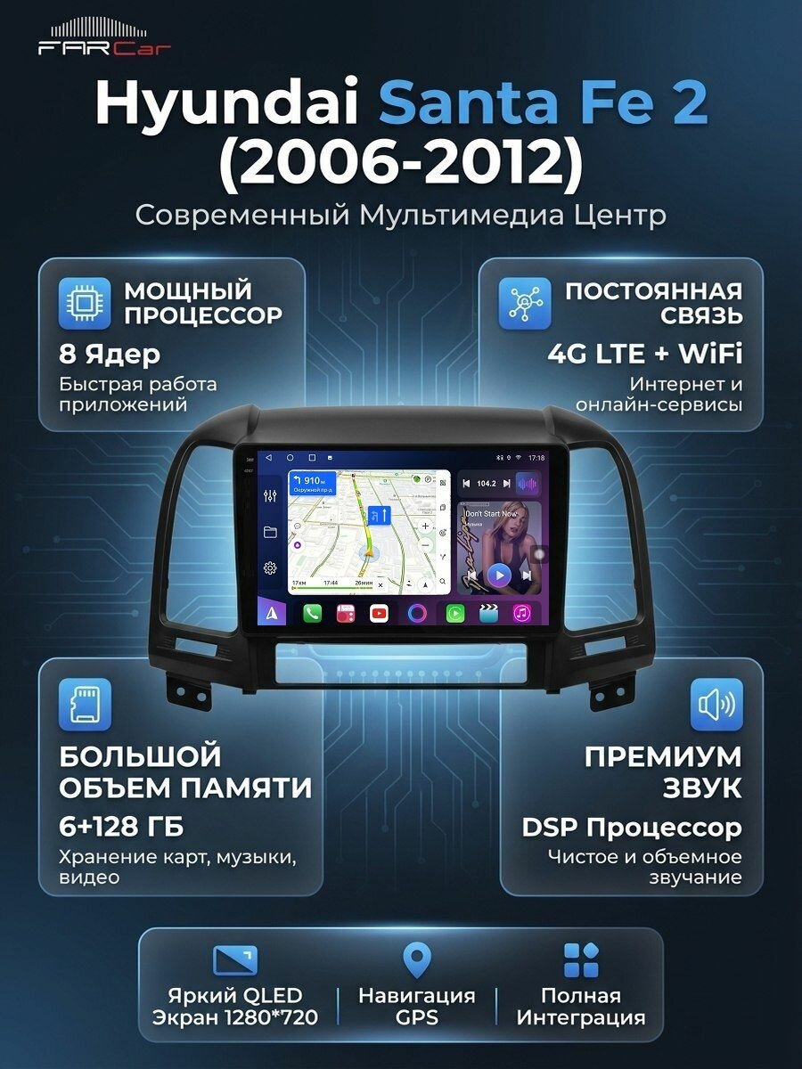 Штатная магнитола Хендай Санта Фе 2 FarCar (Hyundai Santa Fe 2) 2006-2012 на Android 12 + камера заднего вида - 9 дюймов