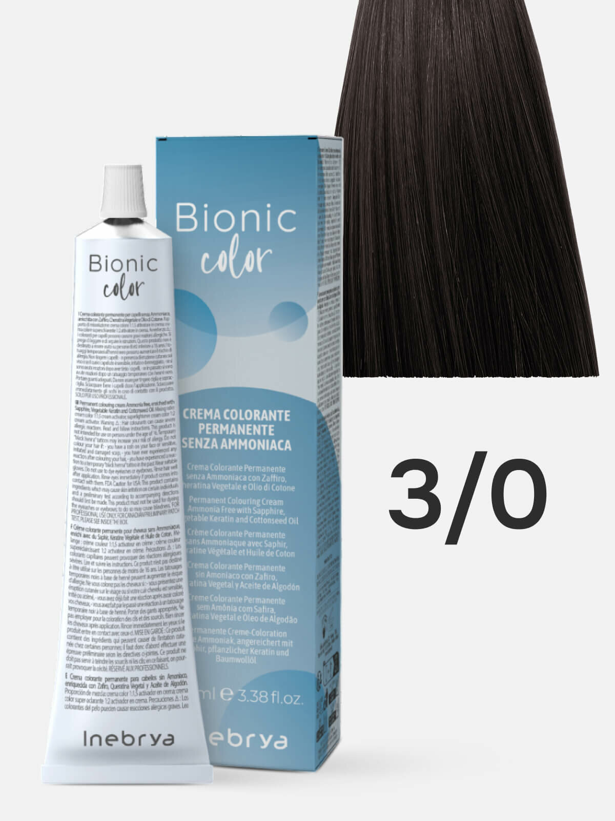 Крем - краска для волос профессиональная без аммиака Inebrya Bionic Color 3/0 Темный каштановый Натуральный, 100 мл