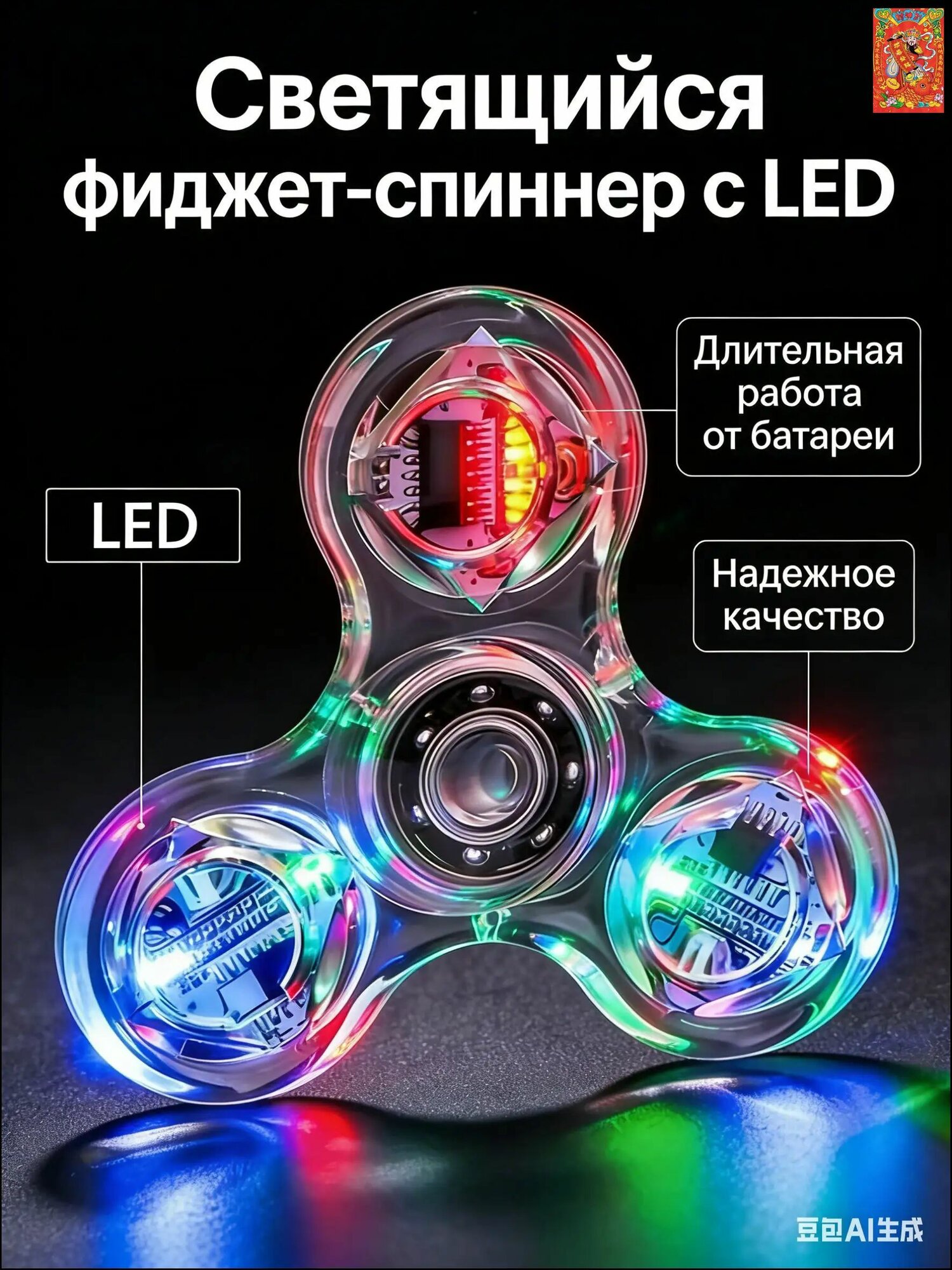 Фиджет-спиннер светящийся с изменяющимся рисунком ABS пластик прозрачный для детей и взрослых