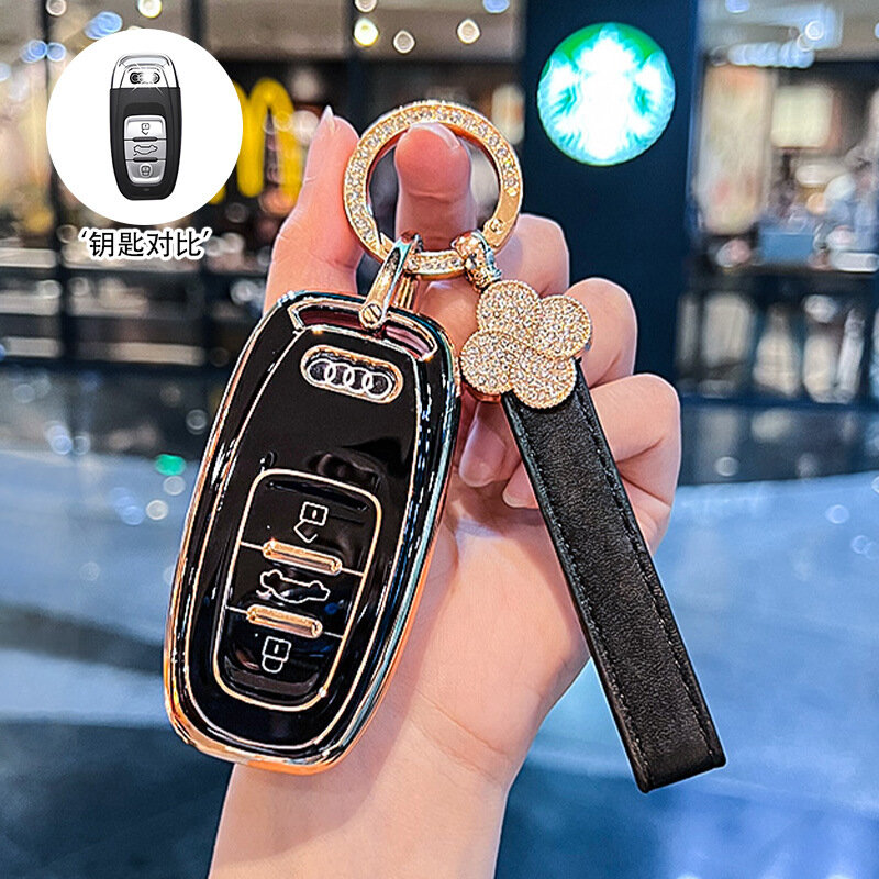 Чехол для ключа Audi Бизнес-черный с лентой с четырехлистным клевером совместим с A4L A6L Q7 Q5L 2015-2017
