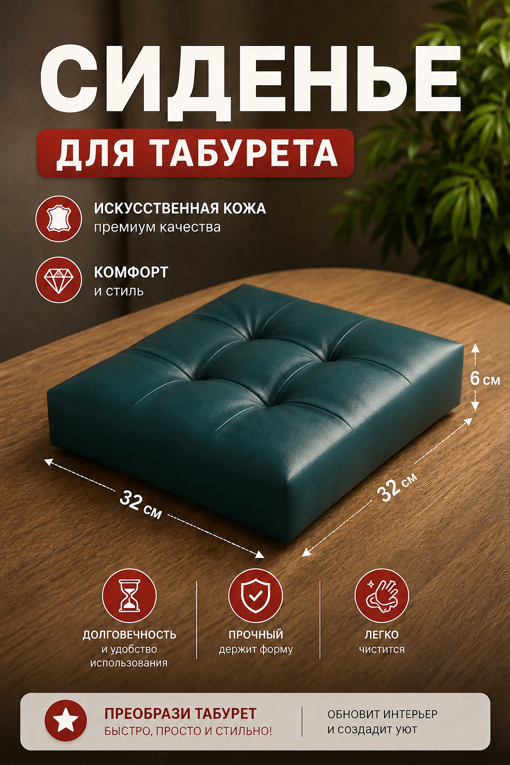 Сидение для стула или табурета квадратное, пуф "Драголит", из искусственной кожи