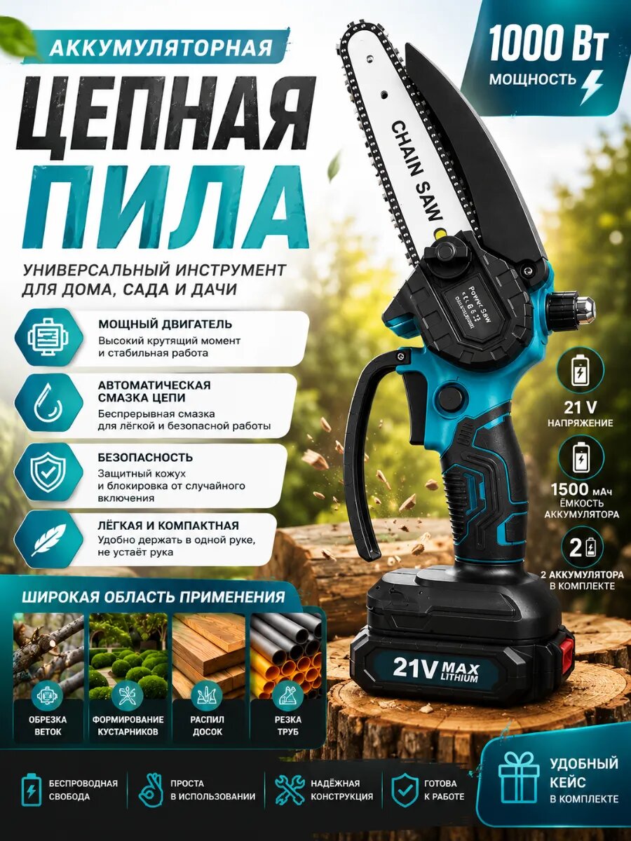 Пила цепная аккумуляторная садовая мини 2 АКБ кейс