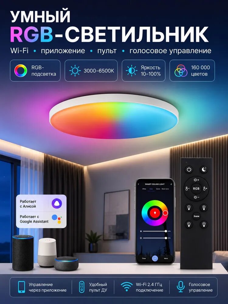 Indome Умный RGB потолочный светильник, Без цоколя, 24 Вт, Wi-Fi, управление с телефона и голосом