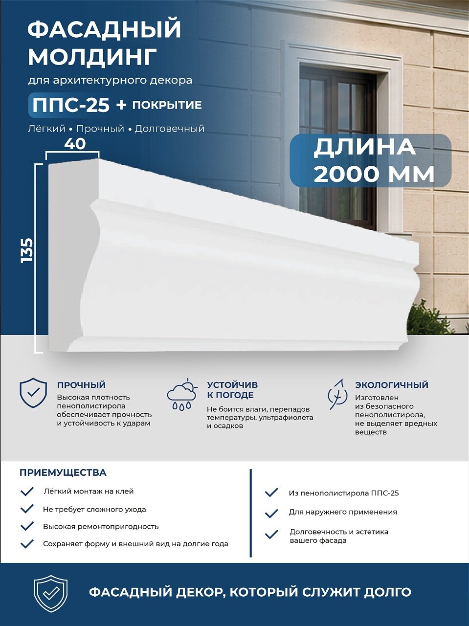 Молдинг фасадный из пенополистирола IZODECOR 4х13,5х200 см, ППС-25 с покрытием. Фасадный декор
