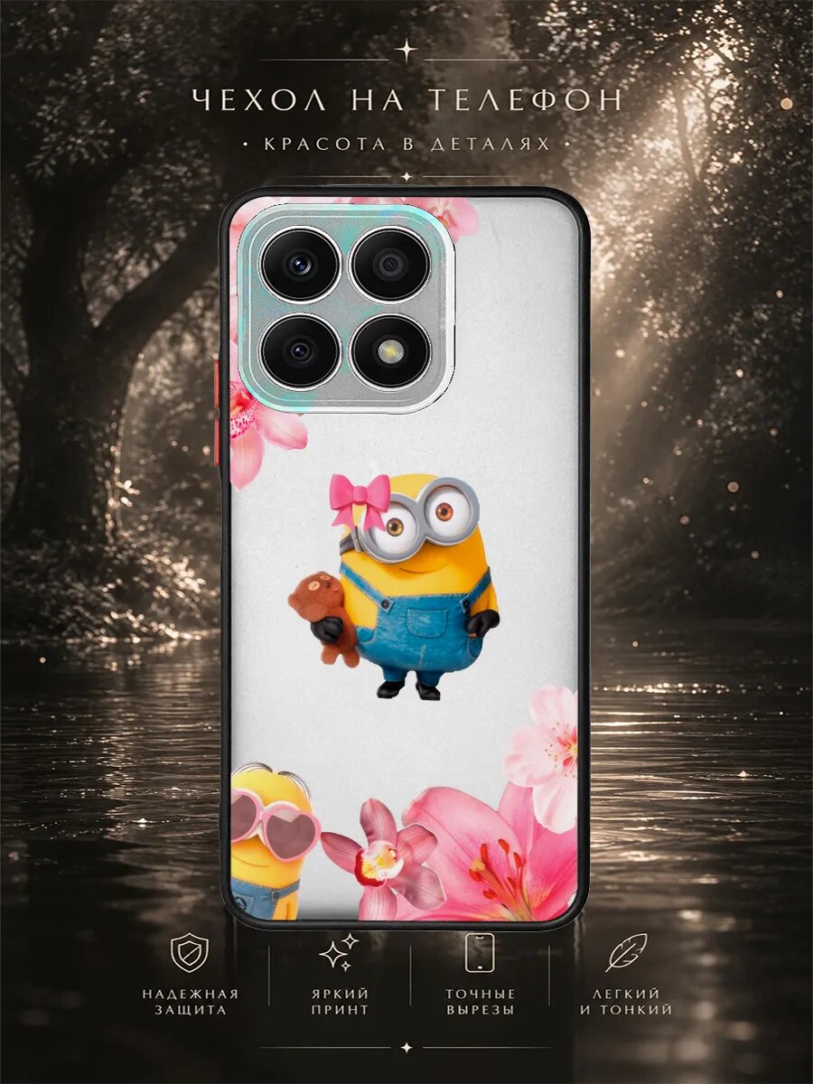 Матовый чехол на Honor X8A Миньоны в розовых цветах