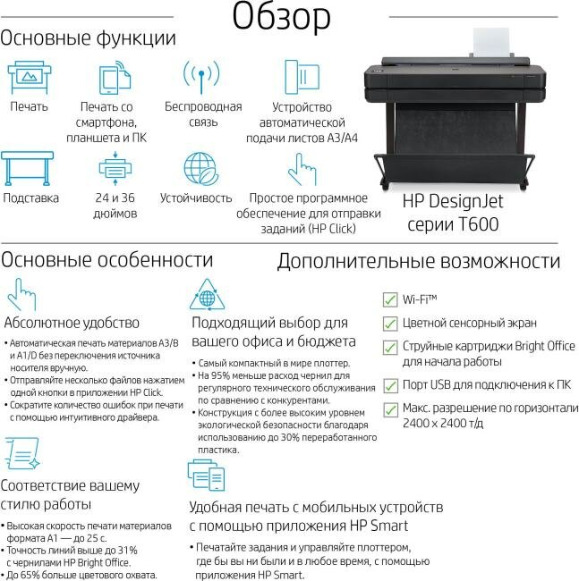 5HB11D Плоттер струйный HP DesignJet T630 (А0, 36", 4-х цветная, 2400x1200dpi, 1Gb, WiFi, Lan, USB, подставка) — фото 1