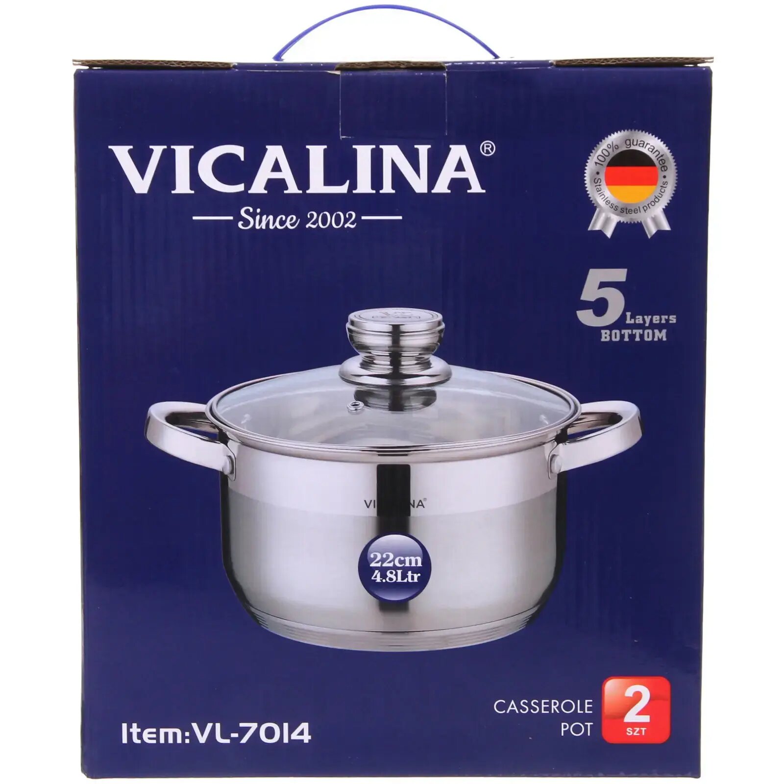 Кастрюля нержавеющая 'VICALINA' 4,8л, дно 5 слоев, 22см, индукция
