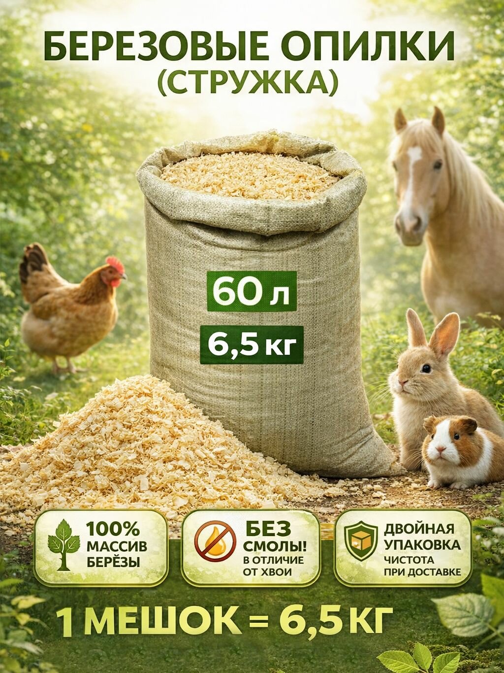 Опилки и стружка древесные для животных и птиц, экологически чистые 60 л.