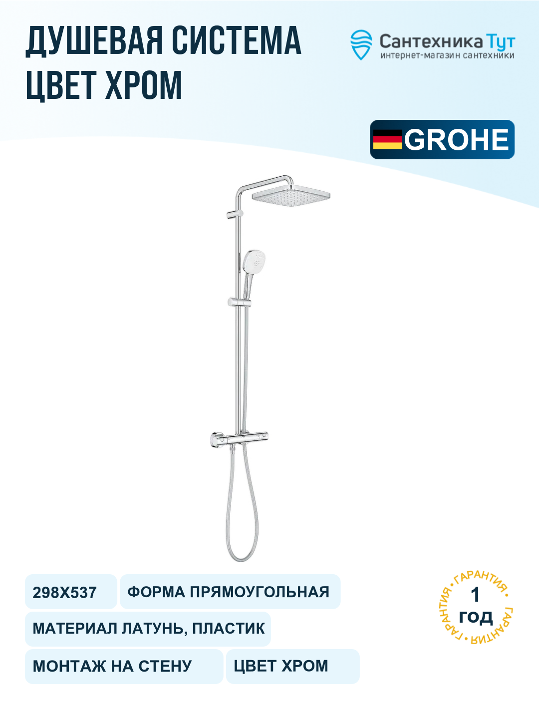 Душевая система с термостатом настенная Grohe Tempesta Cube 250 26689001 хром