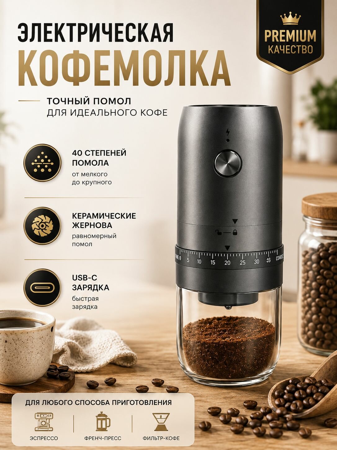Кофемолка электрическая KLT KMDJ-2AW, жернова, USB зарядка, 30г, 25Вт