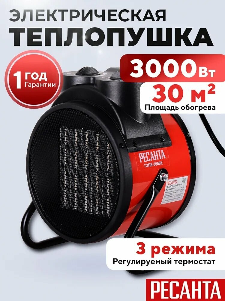 Тепловая пушка электрическая Ресанта ТЭПК-2000K, керамика, 2000 Вт (обогреватель для дома)