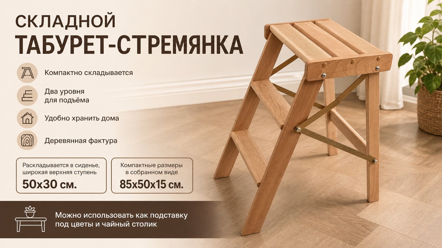 Стремянка-табурет деревянная Hoz-Block Джексон 3 ступени Светлая (арт. СДТД-3С)