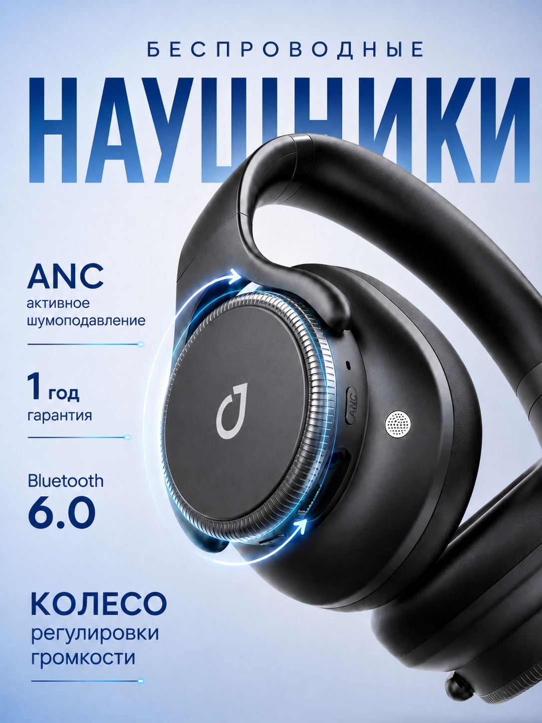 Наушники беспроводные большие с шумоподавлением и микрофоном