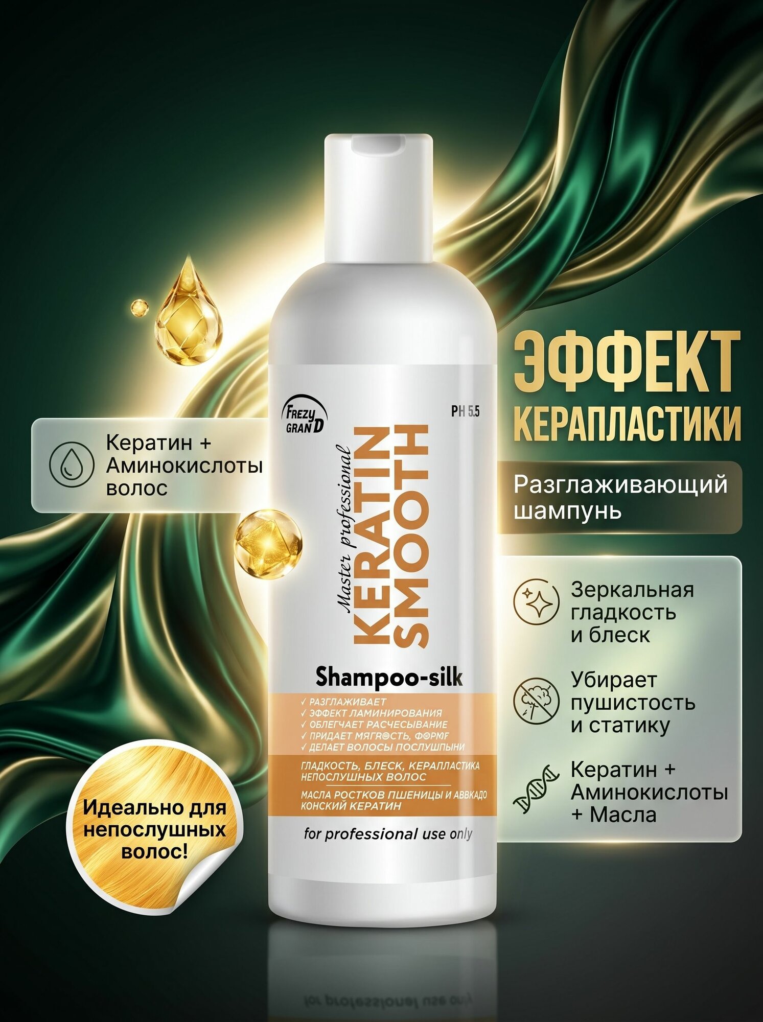 Профессиональный кератиновый шампунь для волос / Разглаживающий шампунь с протеинами против пушистости, 200 мл