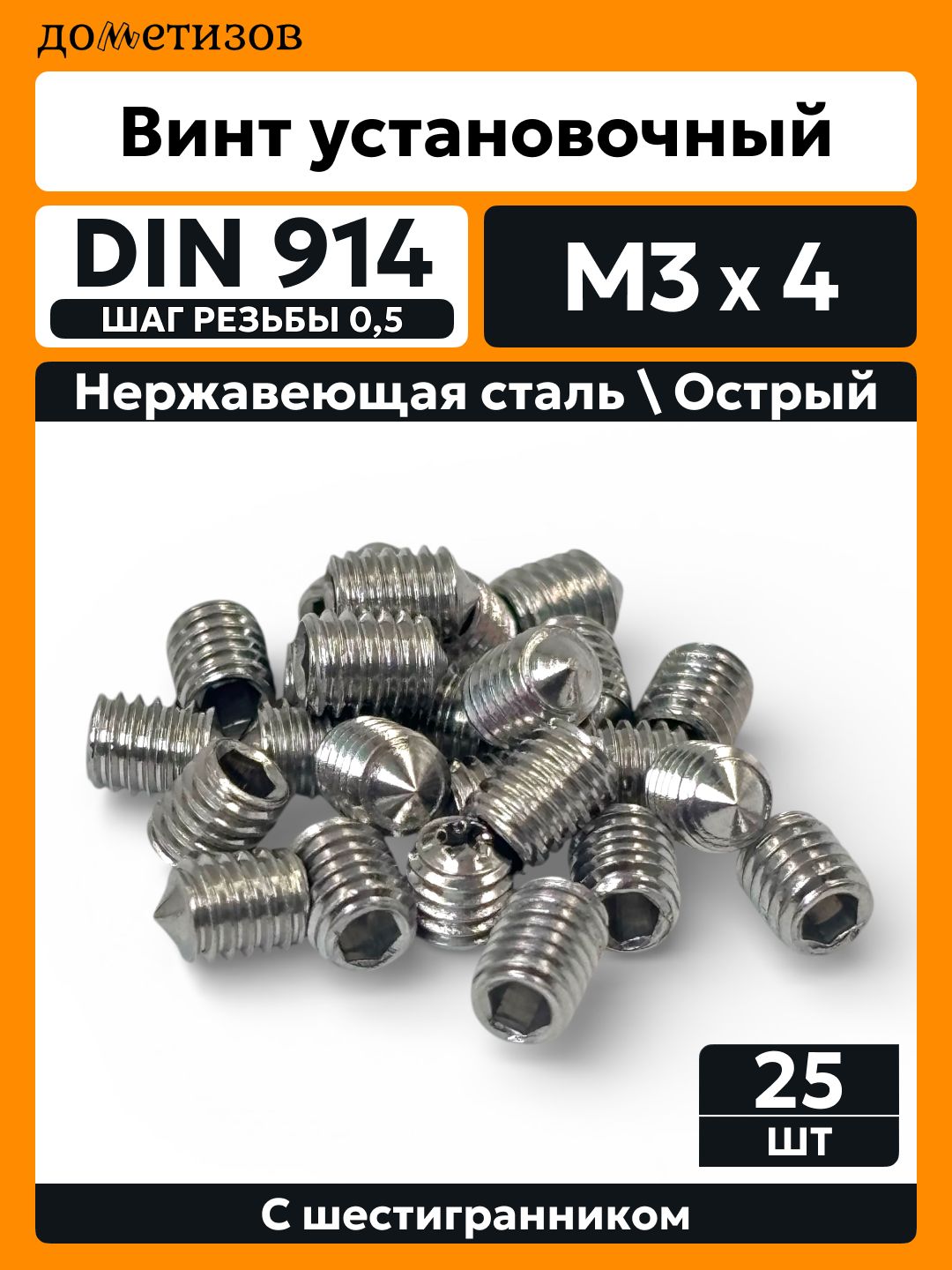 Винт DIN 914 М 3х4 А2 , установочный , 25 шт.