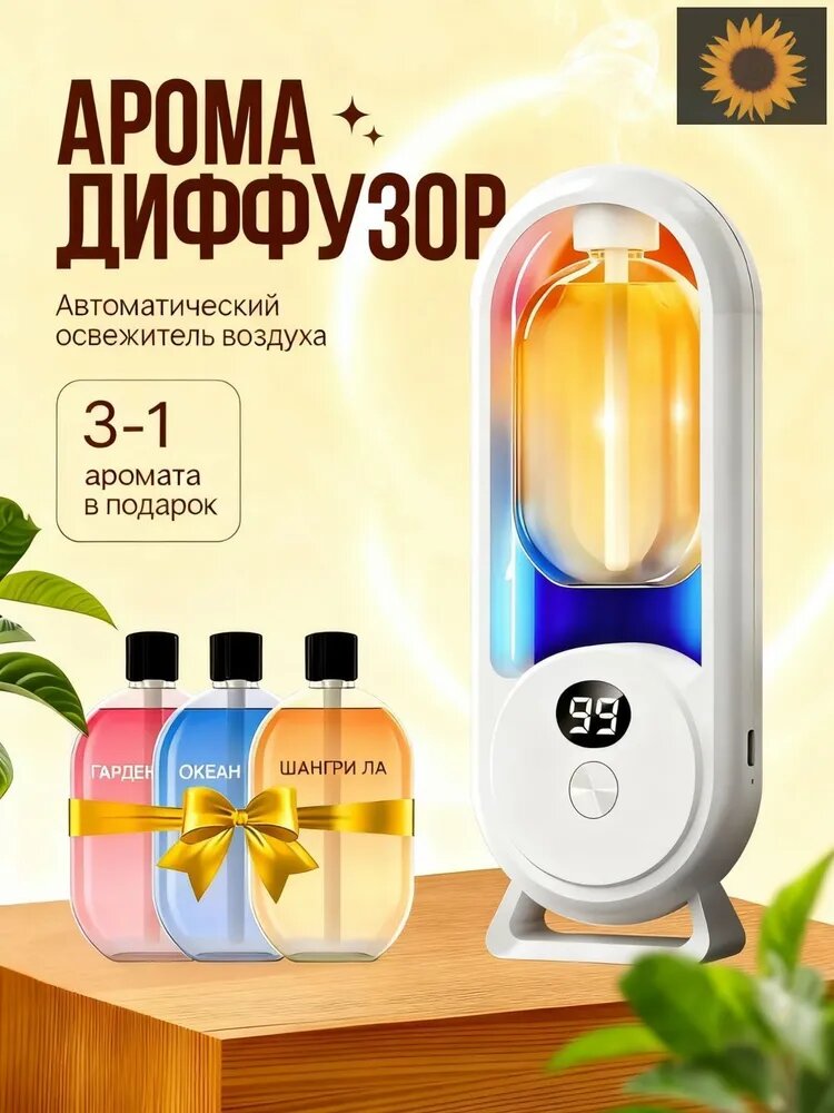 Умный аромадиффузор для дома, автоматический освежитель воздуха с 5 режимами распыления, ночником и 3 ароматами в комплекте