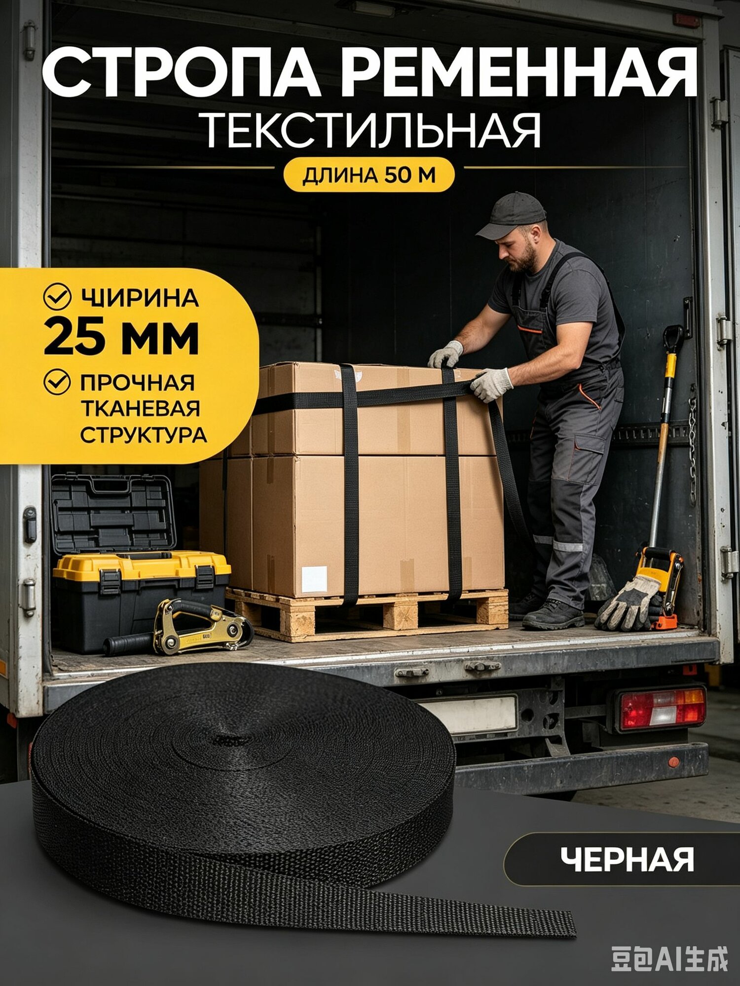 Стропа ременная для шитья 25 мм 50 метров черный / лента текстильная-2.5-черный
