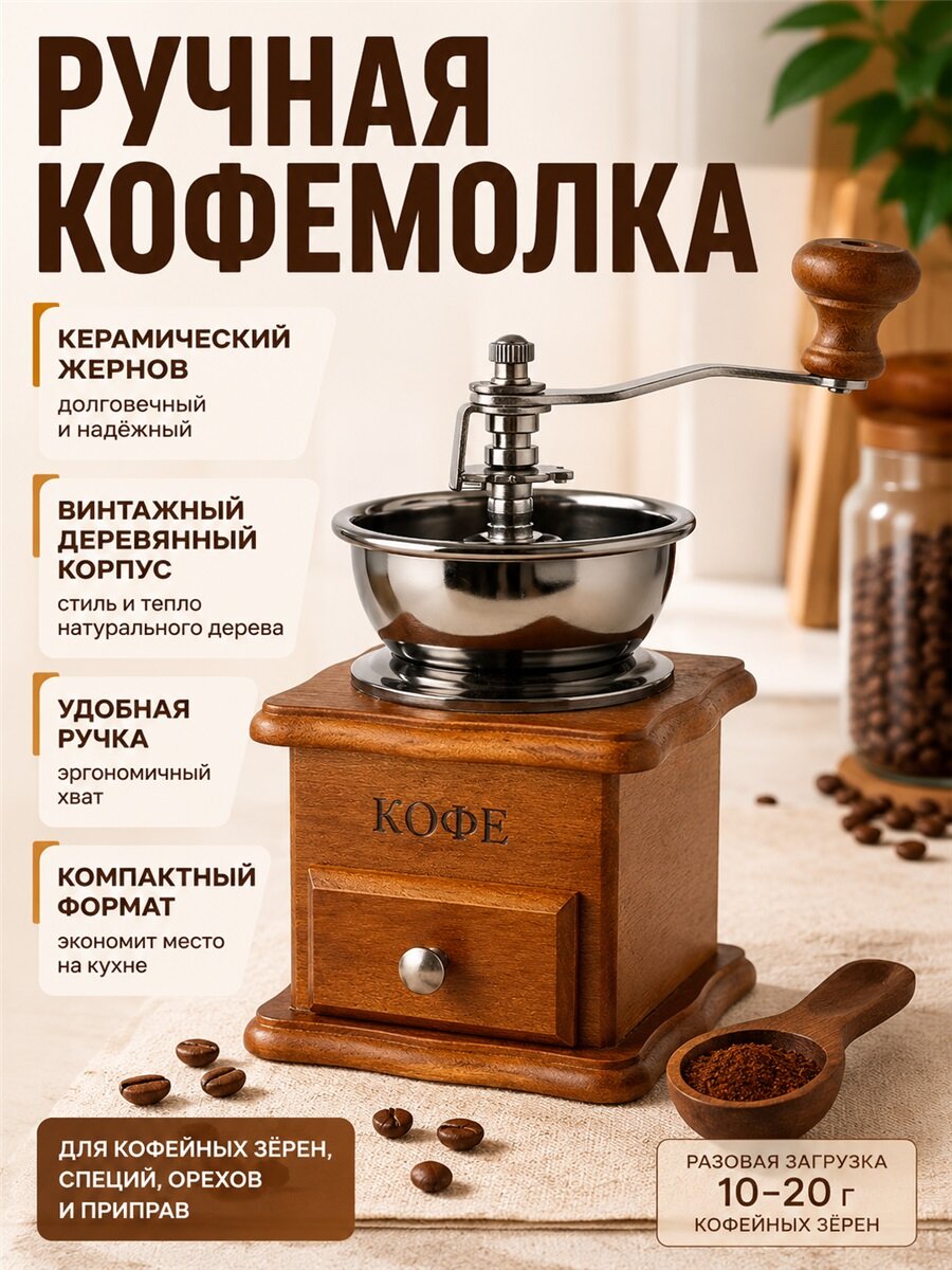 Ручная кофемолка винтажная деревянная, керамический жернов, ящик‑сборник для помола кофе и специй