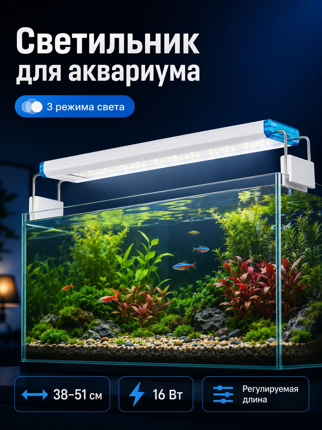 Светильник для аквариума LED регулируемый 38-51 см 16 Вт, 3 режима света, подходит для стекла до 8 мм