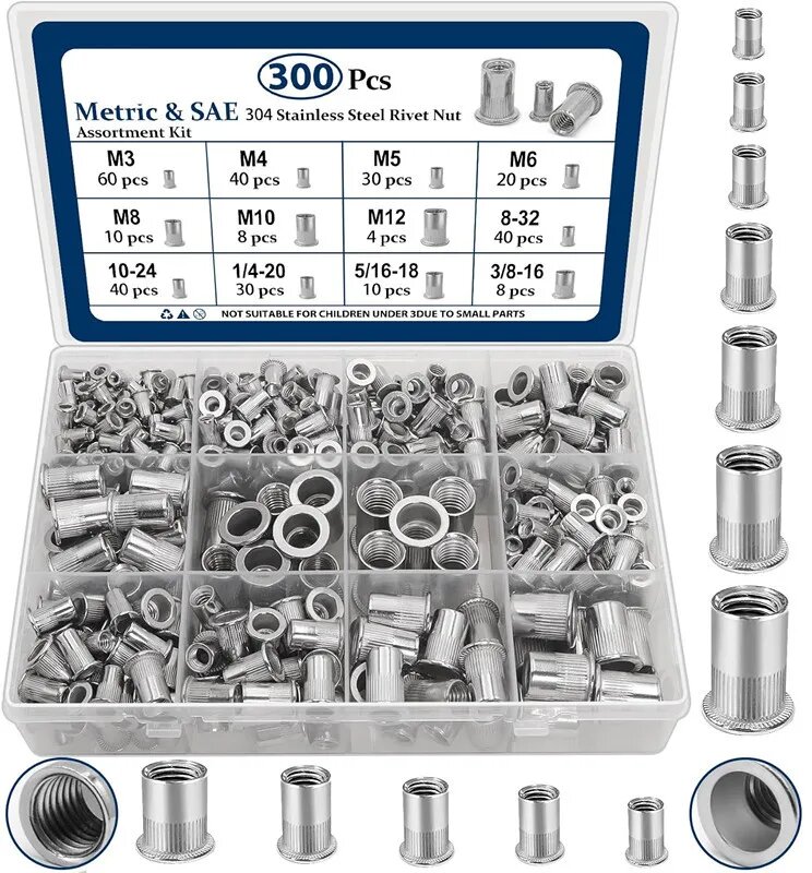 Клепки-гайки М3-М12 из углеродистой стали Серый, 300pcs-Silver