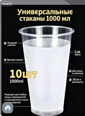 Стаканы многоразовые, одноразовые, пластиковые, прозрачные 1000мл (1л) для напитков, соков, рассады, черенков, орхидей