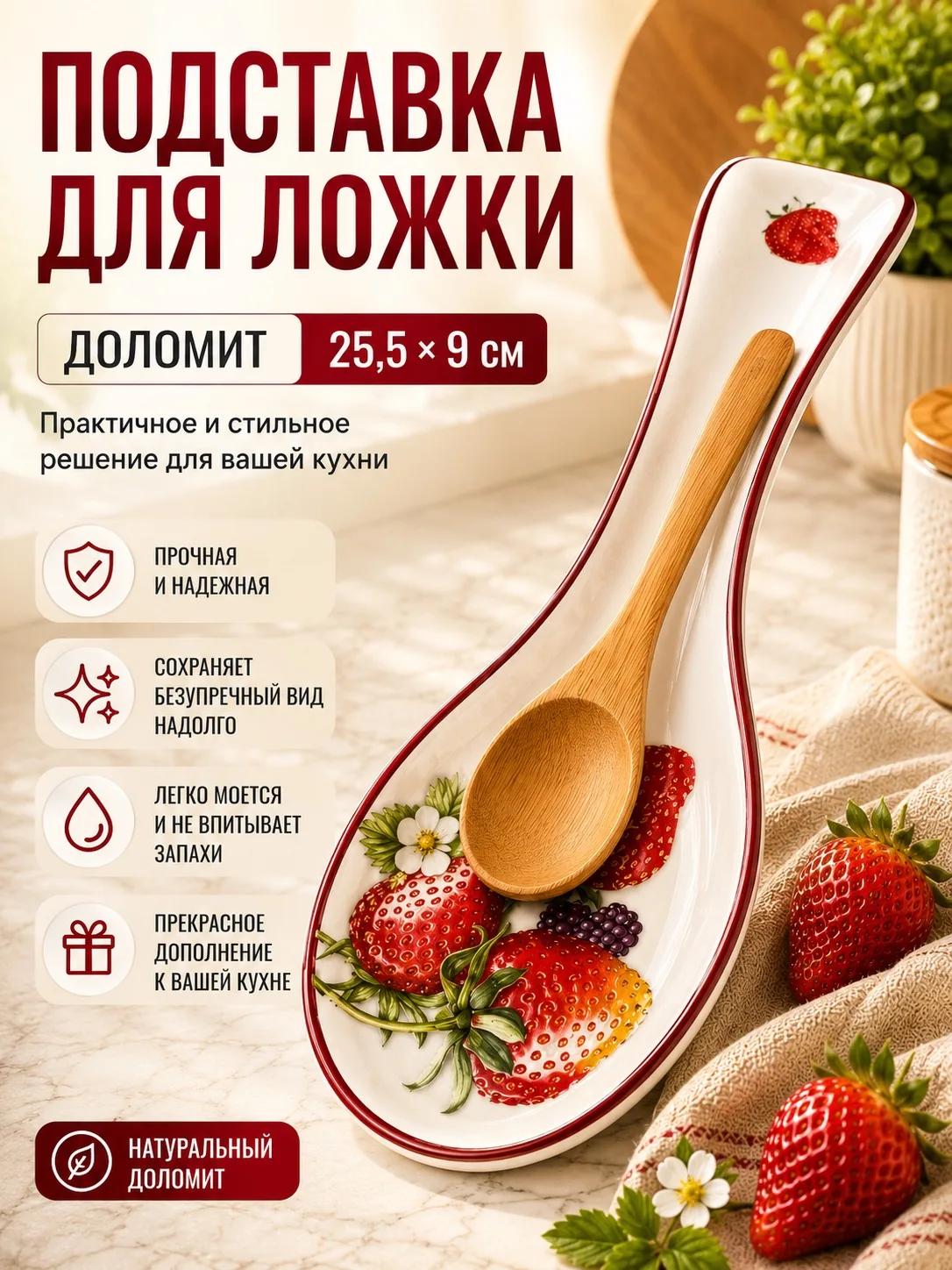 Подставка для ложки из доломита с рисунком клубники 25,5×9 см, из доломита с глянцевым глазурным покрытием