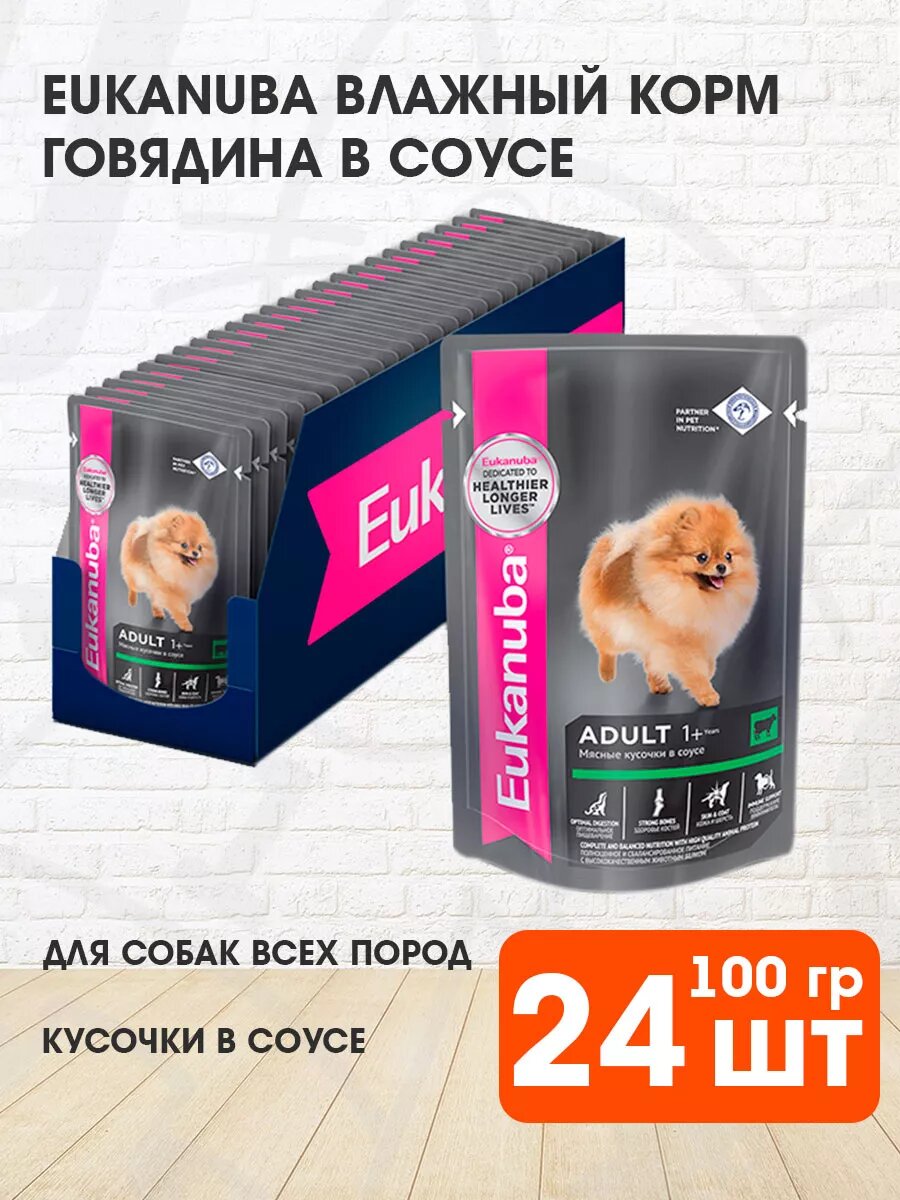Корм влажный Eukanuba Dog Adult Beef для взрослых собак, говядина в соусе, 100 г 24 шт