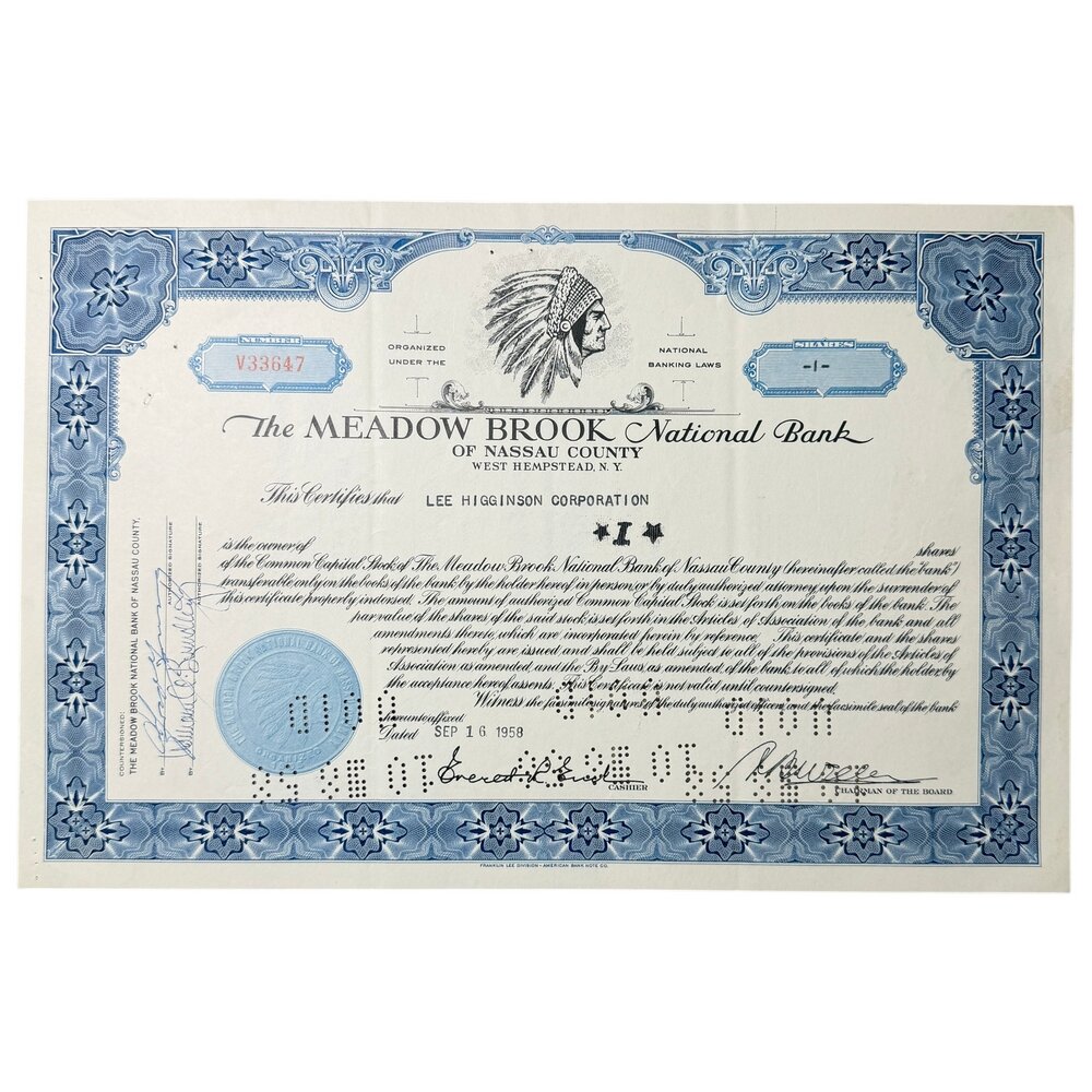 США, Meadow Brook National Bank of Nassau County, сертификат на 1 акцию 1958 г. (Серия V)