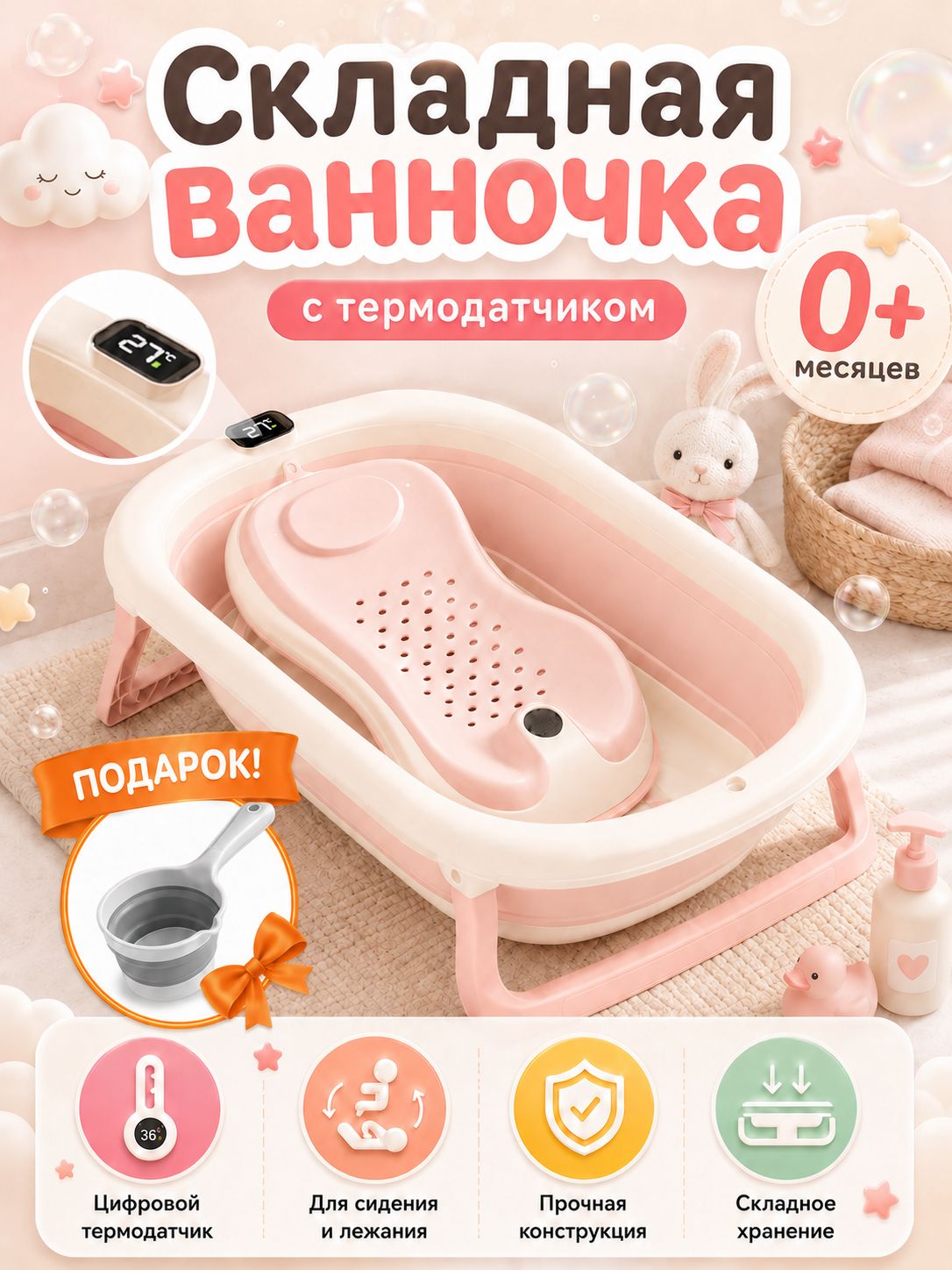 Детская ванночка для новорожденных 60 л с термометром, для купания младенца, подходит для большой ванны